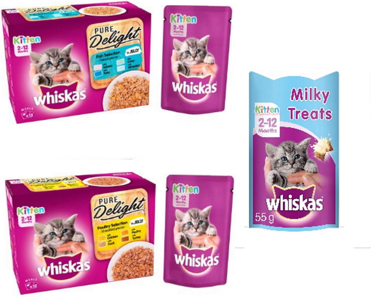 whiskas Kitten 1 Box of Pure Mix Poultry 6 pouches/Fish 6 pouches Milky ...