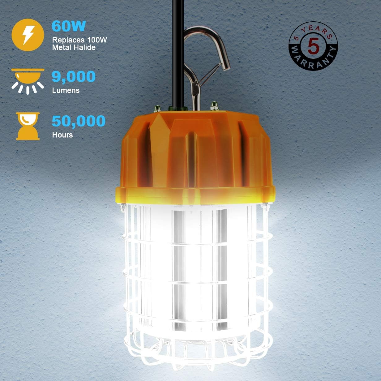 Temporary Work Light 60W LED Construction Lamp 9,000Lm 5,000K Daylight ...