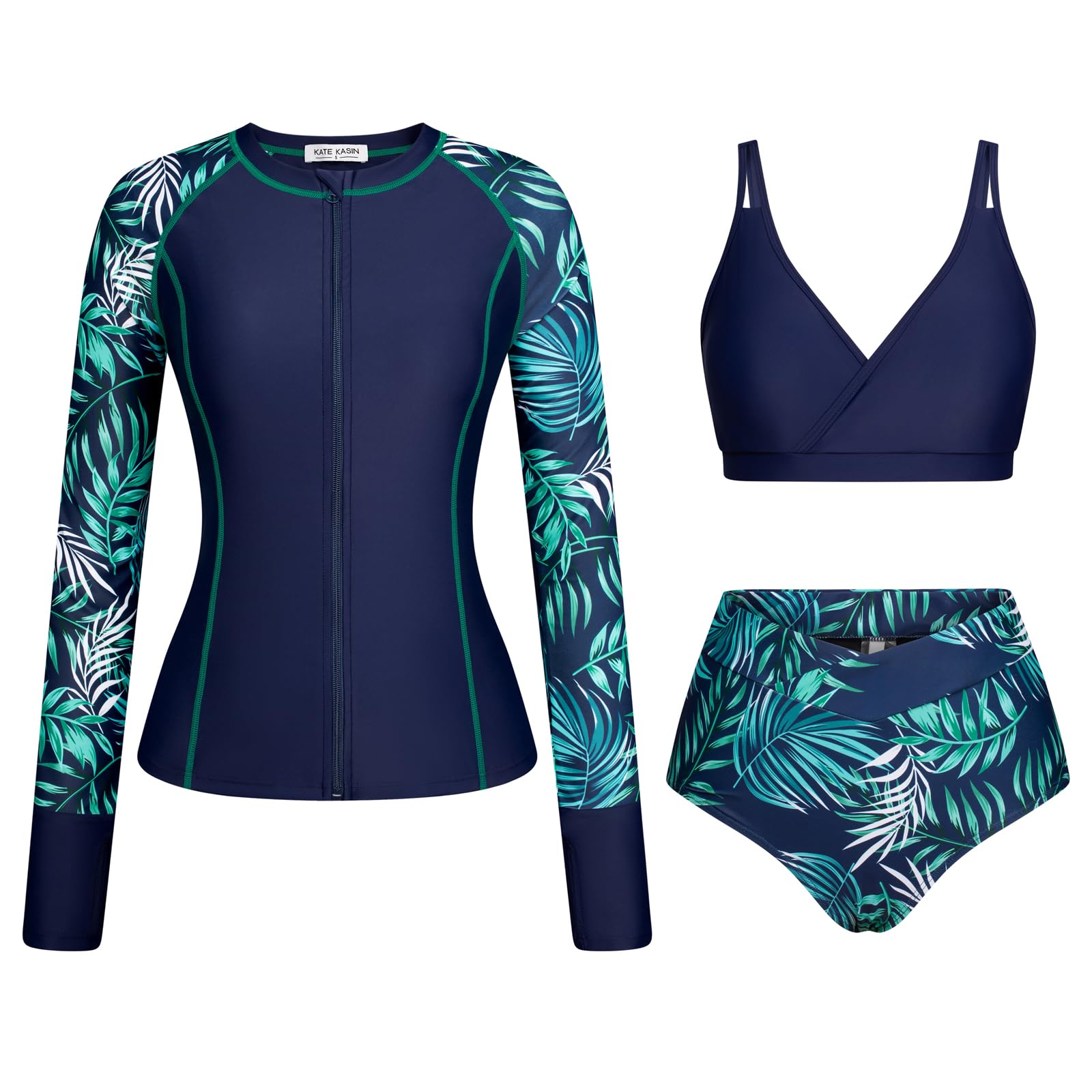 Womens 3 Piece Long Sleeve Rash Guard Modest Swimsuits Zip Up Surfing ...