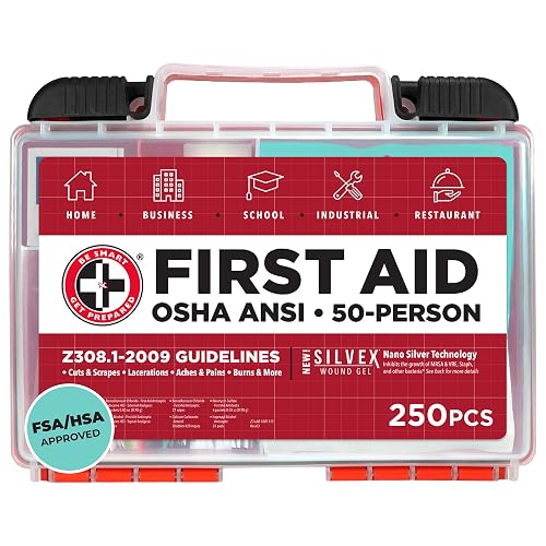 Be Smart Get Prepared OSHA/ANSI First Aid Kit - 50 Person, 250 Pieces ...