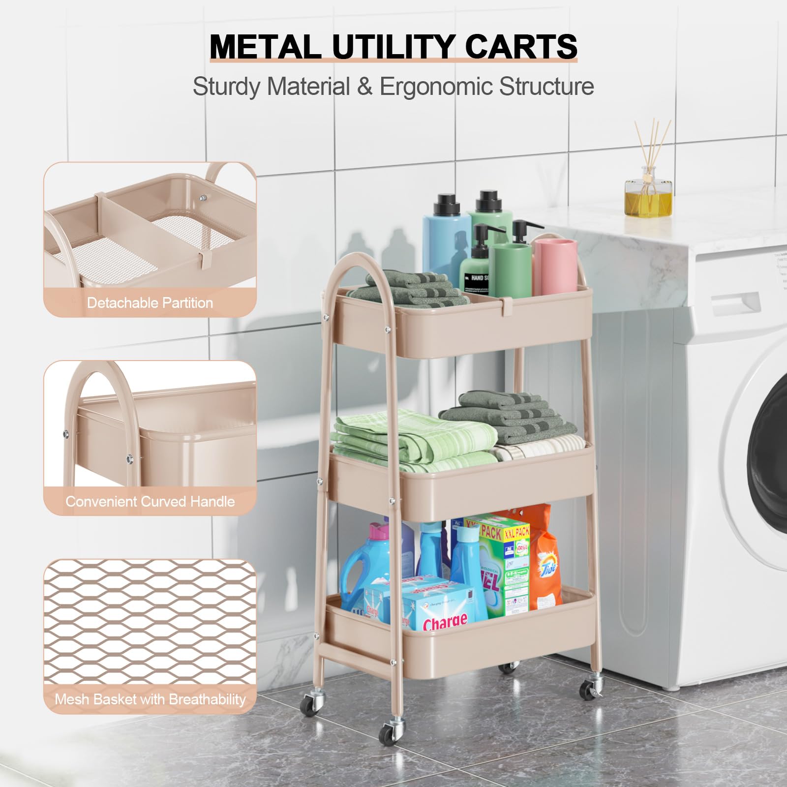 Mua 3 Tier Utility Rolling Cart, Metal Storage Cart with Handle and ...