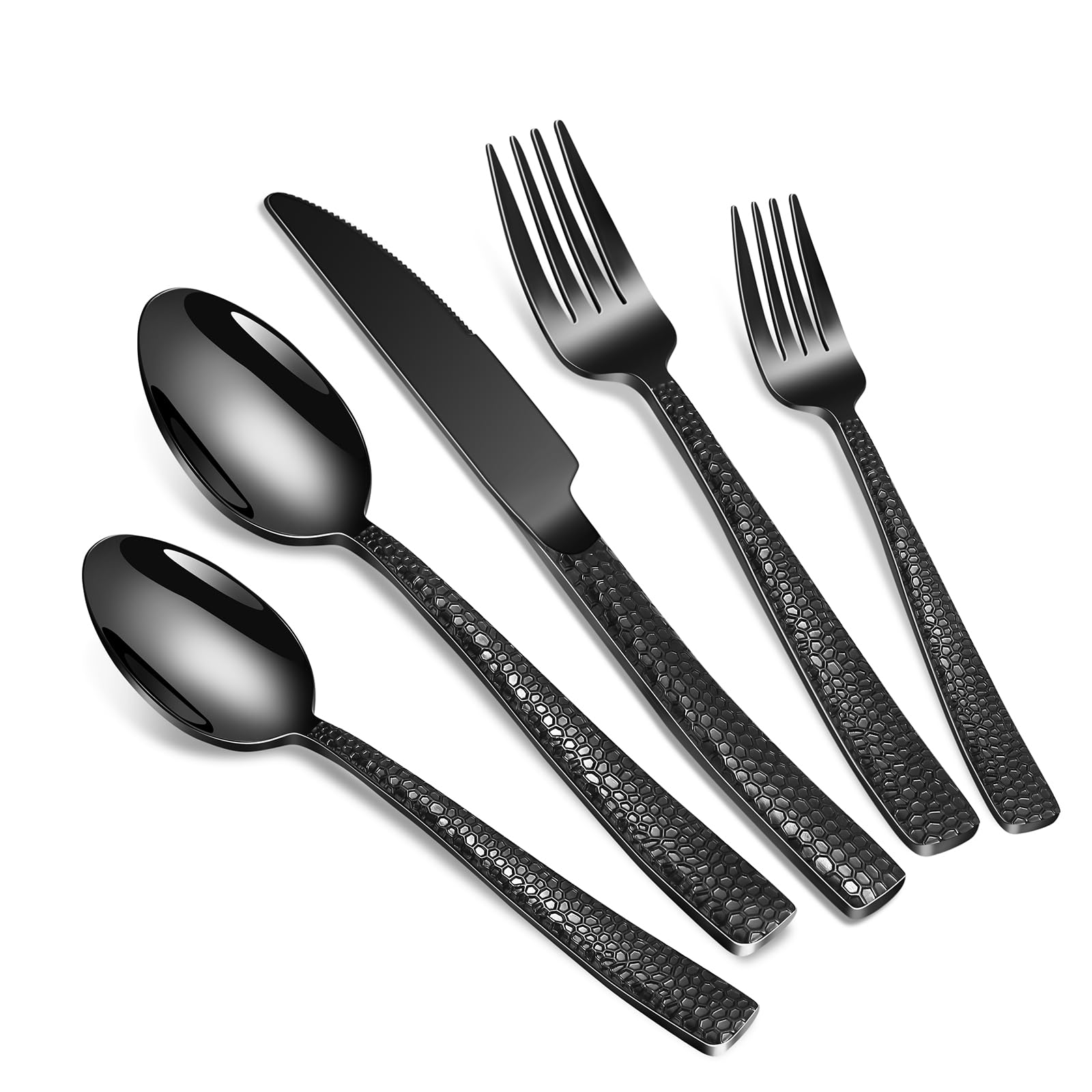 40-Piece Silverware Set, Black Hammered Stainless Steel Flatware Sets ...