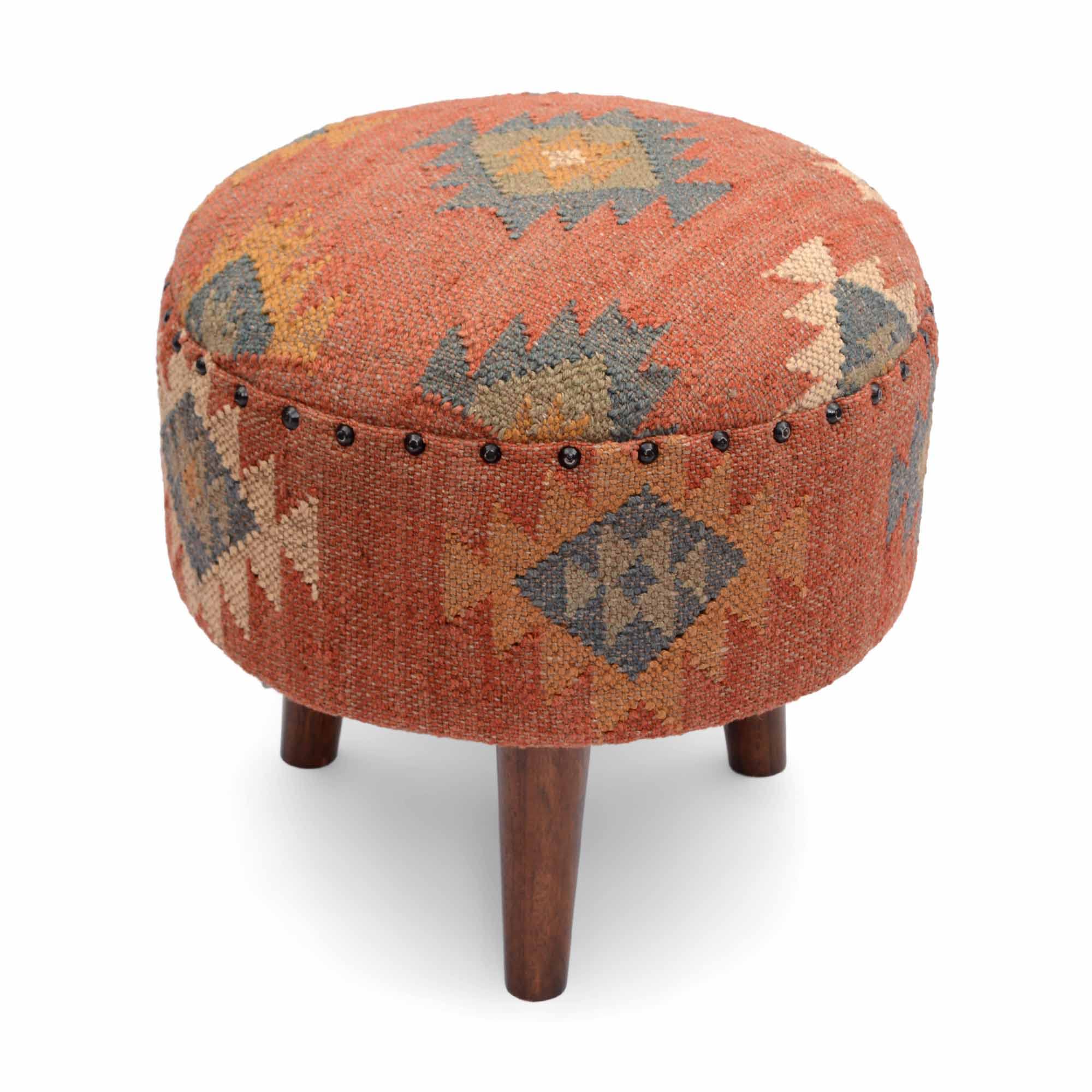 NATURAL FURNISH Handmade Kilim Jute Pouf Ottomans Wooden Seating Stool ...