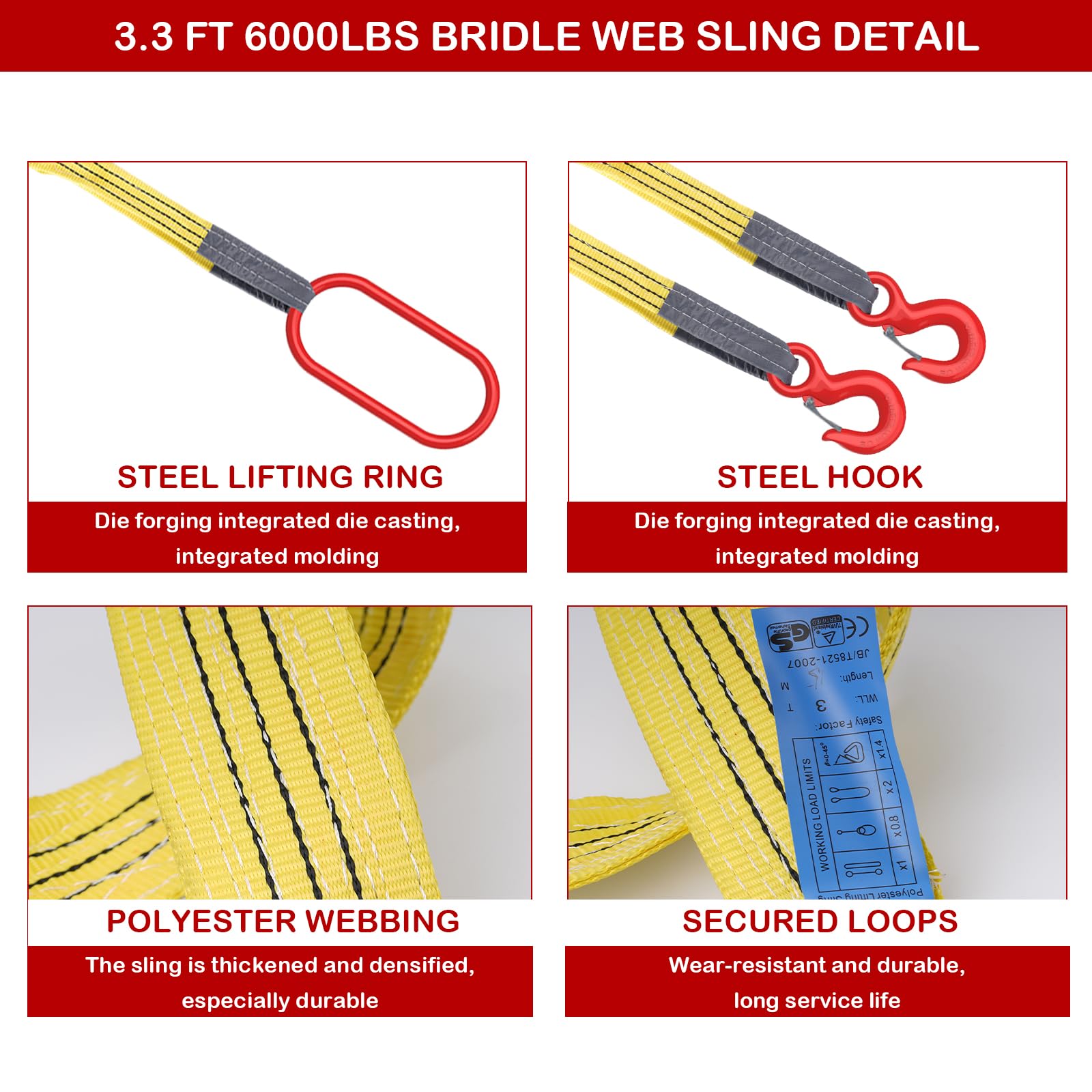 Mua Lifting Slings Straps with Hooks, 3.3 Feet Two Leg Bridle Web Sling ...