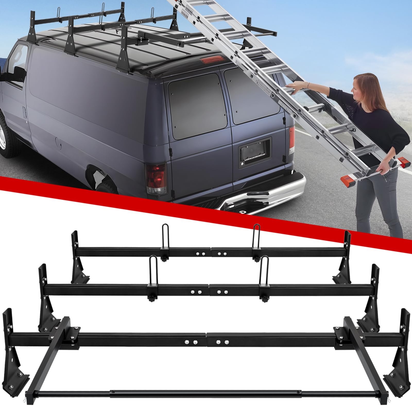 LMYYGOO Van Ladder Roof Racks with Rear Roller, 3 Bars Adjustable with ...
