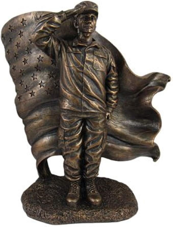 Bronze Toned Military Statue with Soldier Saluting and Flag Behind Him ...