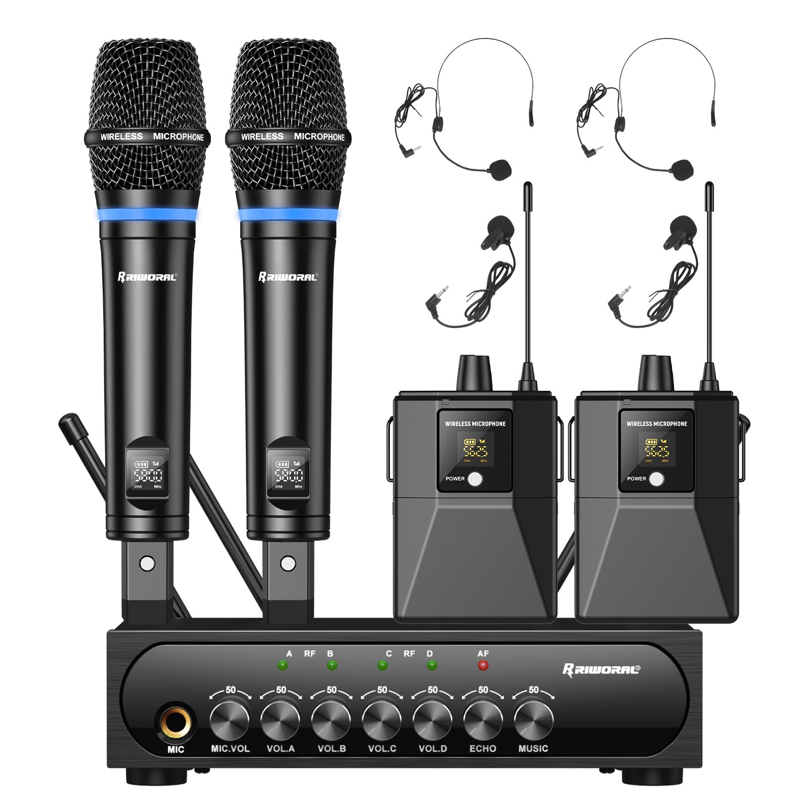 Wireless Microphone System 4 Channel UHF Wireless Mic Set with Handheld/Bodypack/Headset/Lapel ...