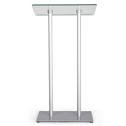 M&T Displays Tempered Clear Glass Conference Podium Stand Silver ...