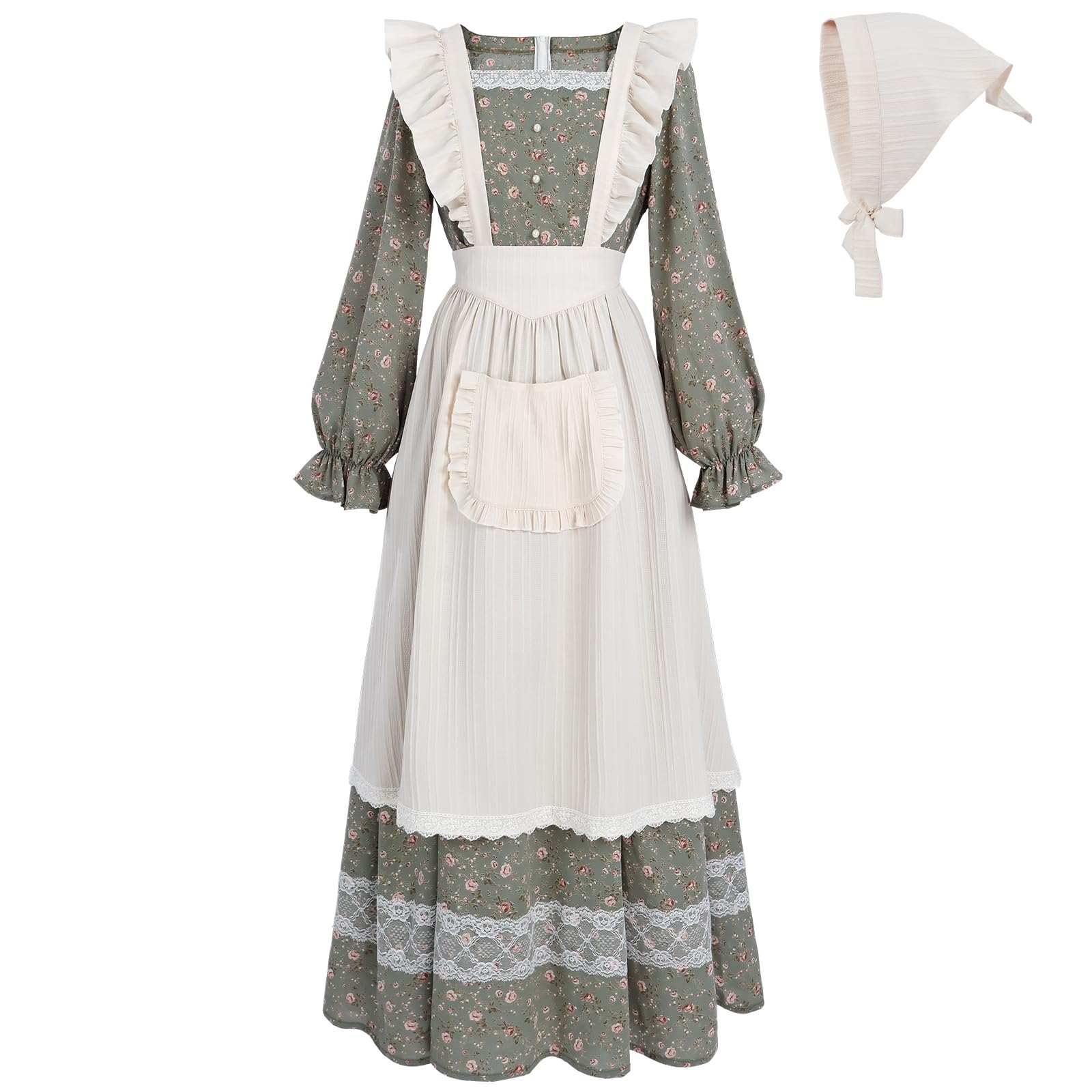 FCCAM Prairie Dress Women Floral Colonial Costume Women with Pioneer Apron 1800s American ...