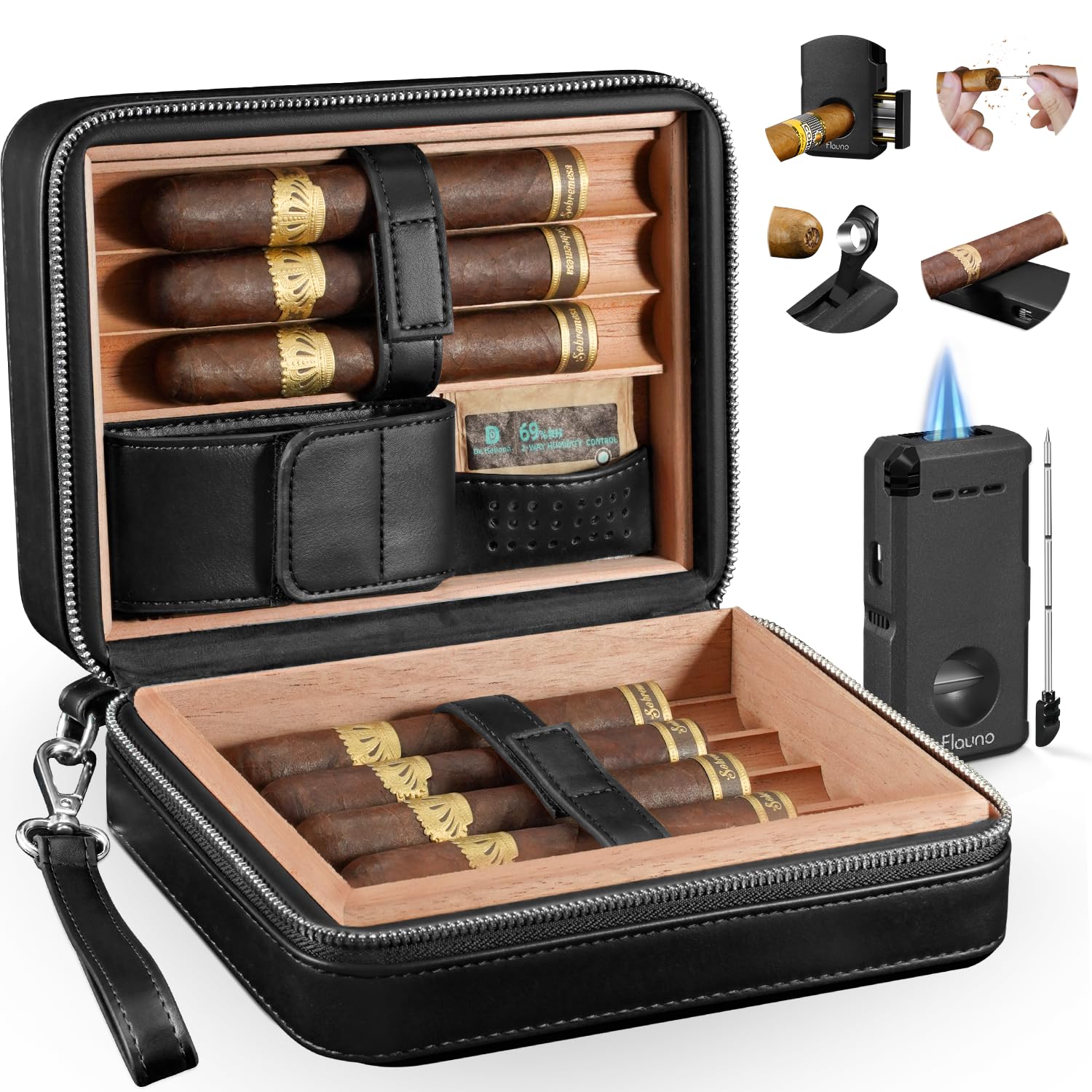 Flauno Travel Cigar Humidor with 5-in-1 Cigar Lighter, Cedar Wood ...