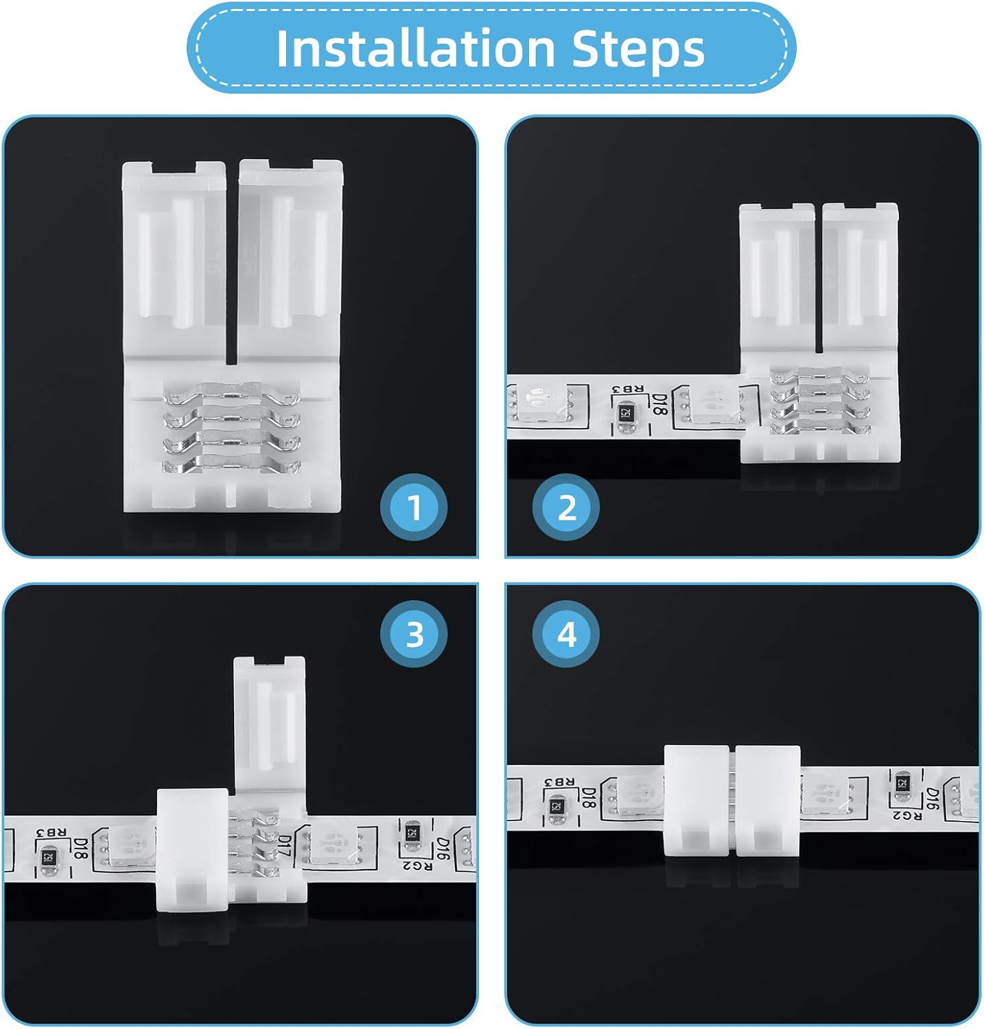 60 Pieces RGB LED Strip Connector Kit 4-Pin 10 mm Solderless Adapter ...