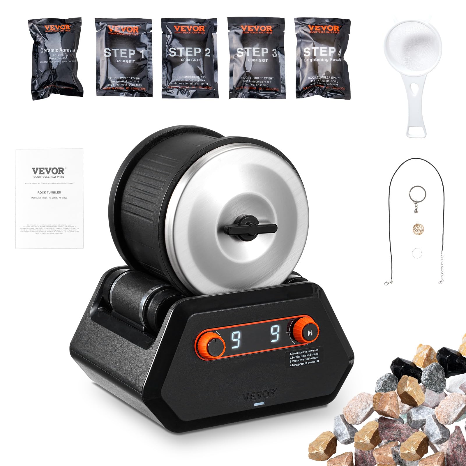VEVOR Rock Tumbler Kit, 4 lbs Rock Polishing Kit, 9 Speed Settings 9 ...