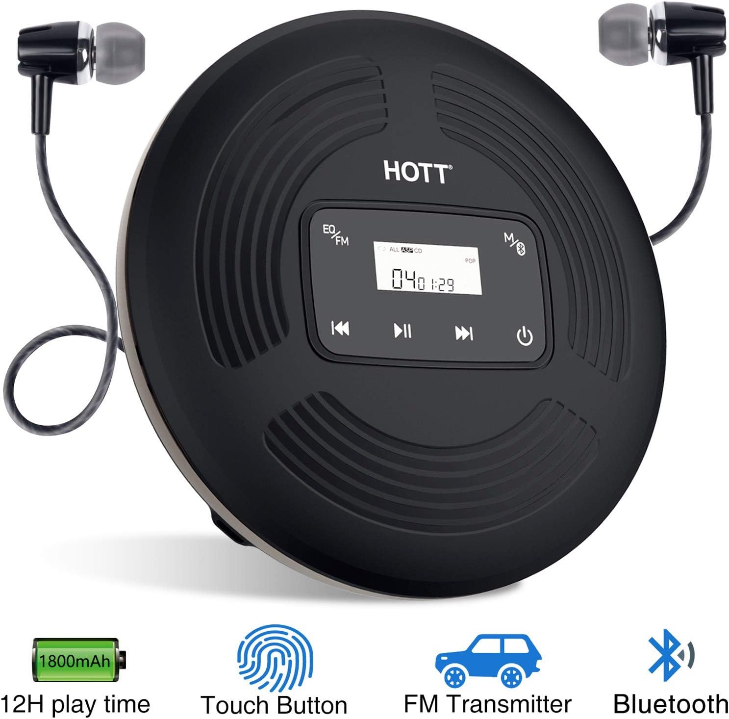 HOTT Rechargeable Portable CD Player Bluetooth 5.0 Personal Compact ...
