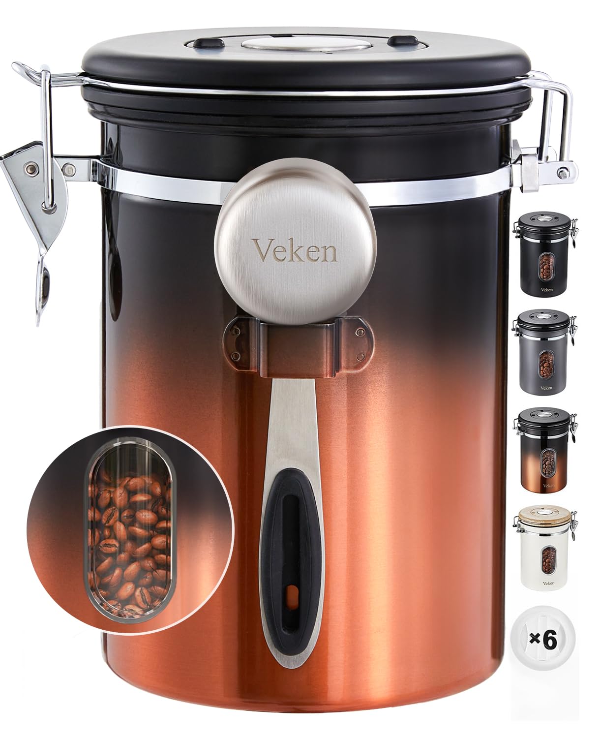 Veken Coffee Canister with Window,Airtight Stainless Steel Kitchen Food Storage Container, Date ...