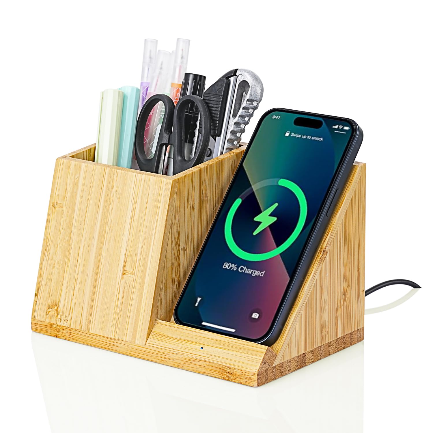 OhM-ega Bamboo Pen Holder, Wireless Charger with Desk Organizer, Home ...