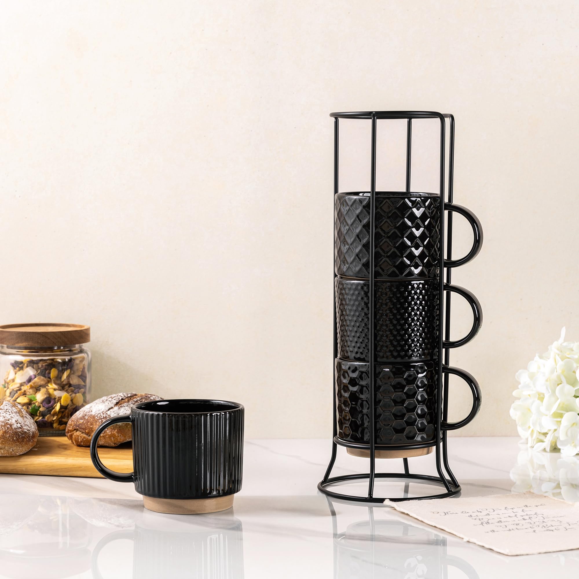GBHOME 12OZ Stackable Coffee Mugs with Stand, Ceramic Coffee Mugs with ...