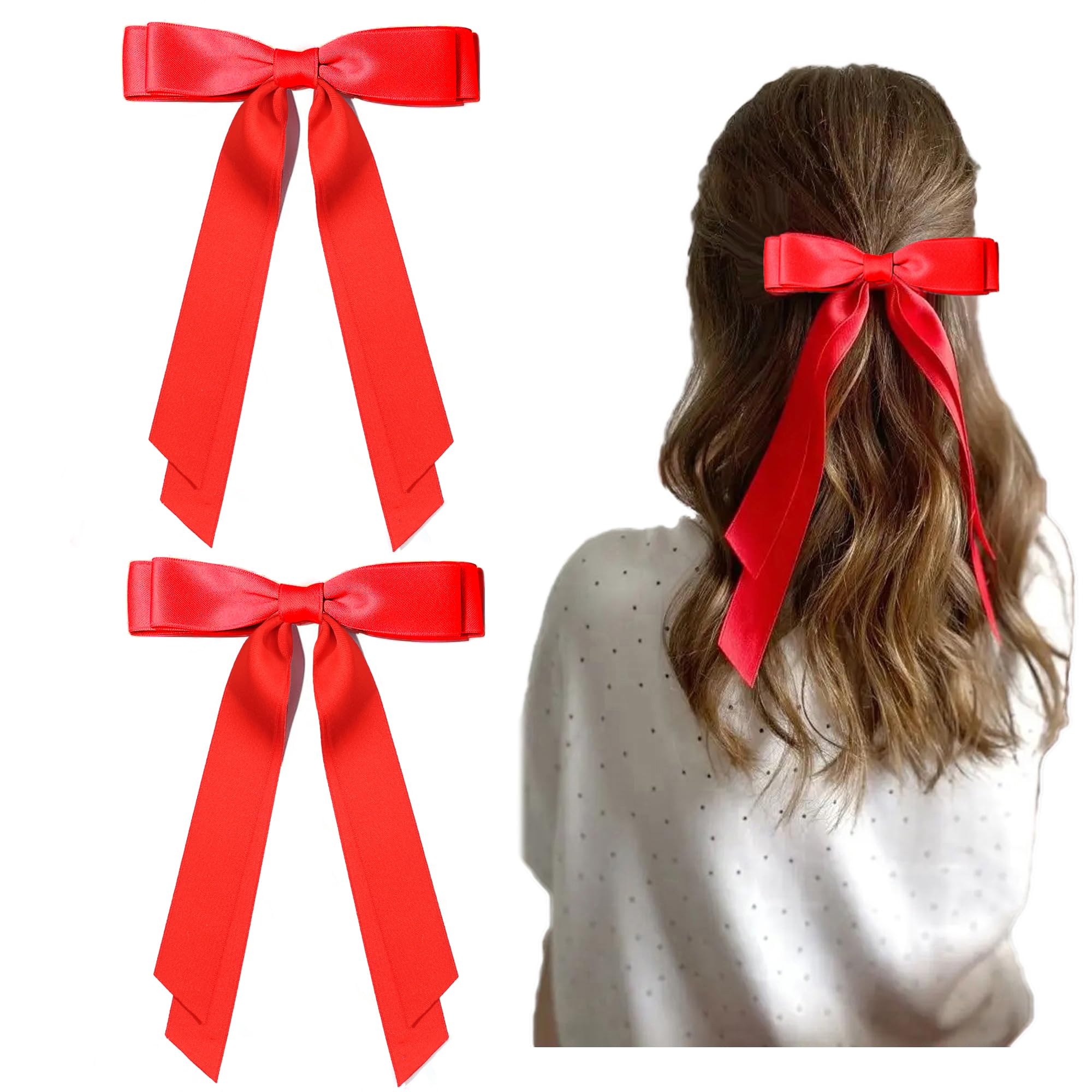 Ayesha Red Hair Bows Clips Red Satin Ribbon Bows with Long Tail ...