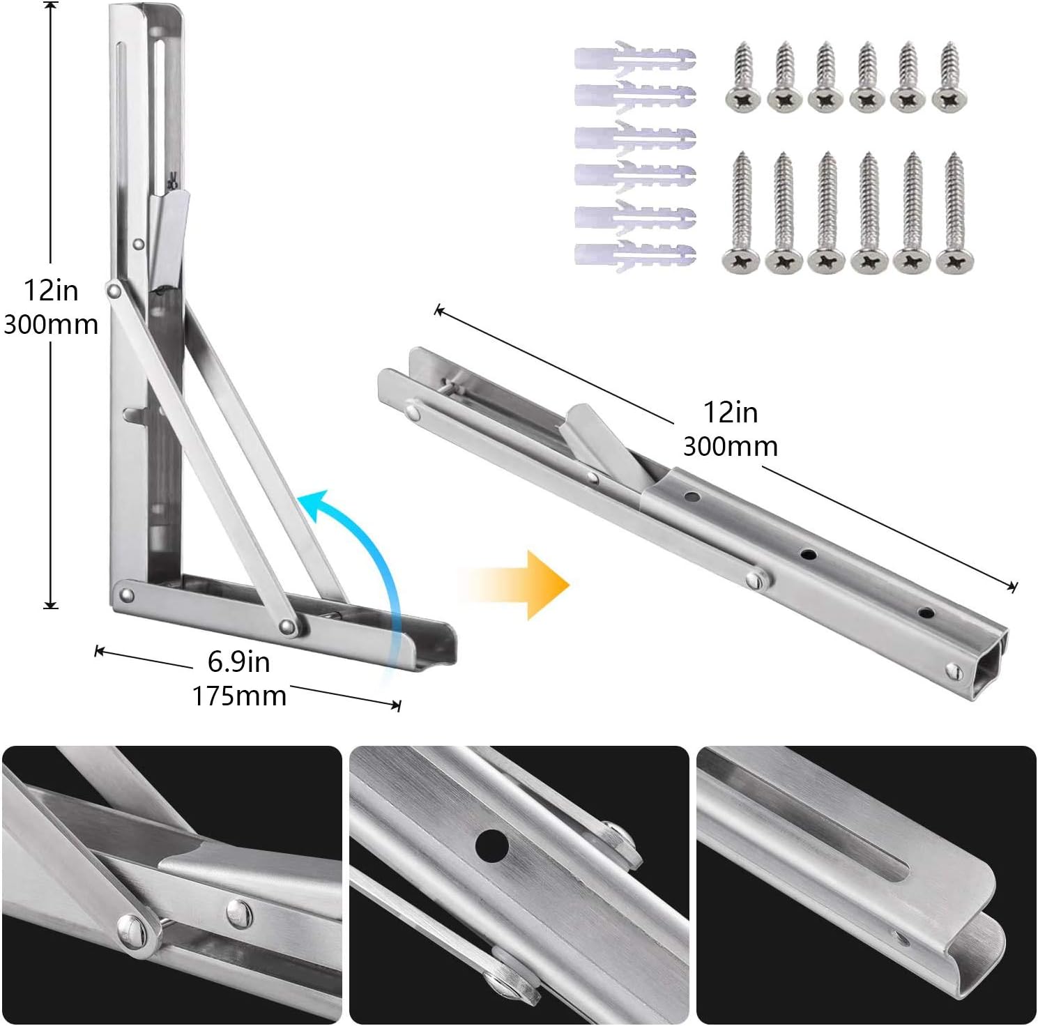 Folding Shelf Brackets 12 Inch, 2pcs Heavy Duty Stainless Steel ...