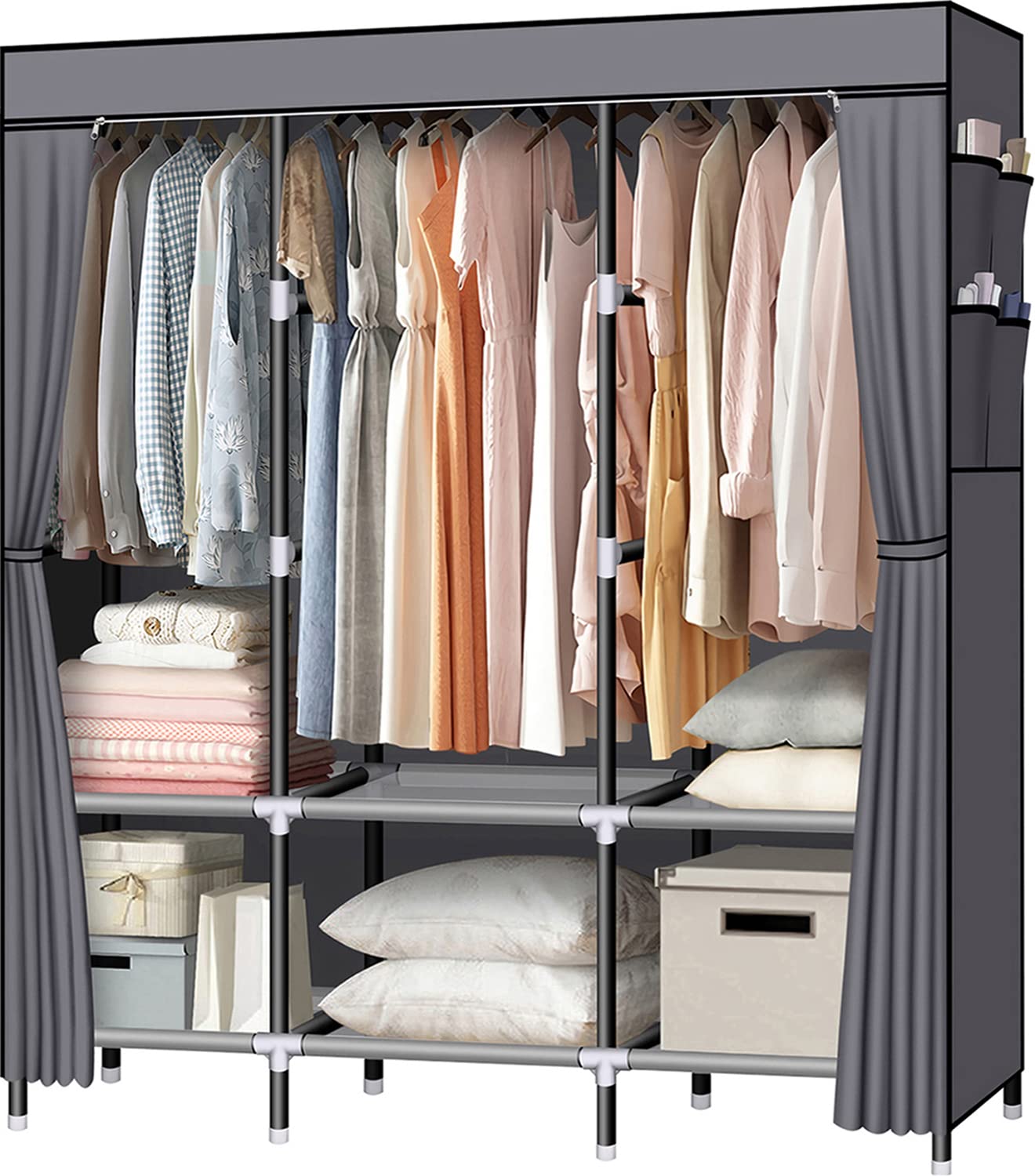 LOKEME Portable Closet, 61-Inch Portable Wardrobe with 3 Hanging Rods ...