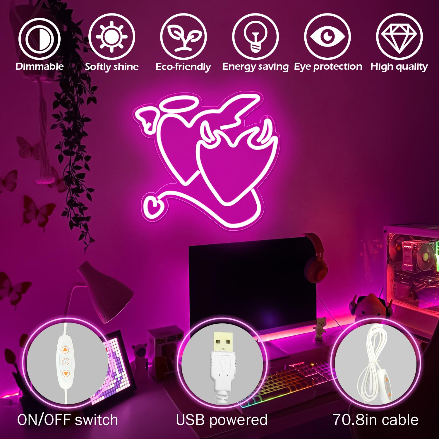 Angel Devil Neon Signs Pink Heart Led Sign For Bedroom 14''x13 ...