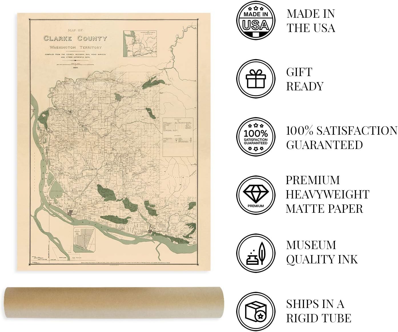 1888 Clark County Washington Map Poster - Vintage Clark County Wall Art ...