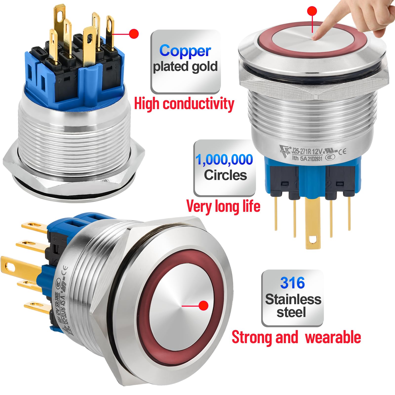25MM Momentary Push Button Switch Self-Reset 2NO2NC 1NO1NC Stainless Steel Shell With 12V LED ...