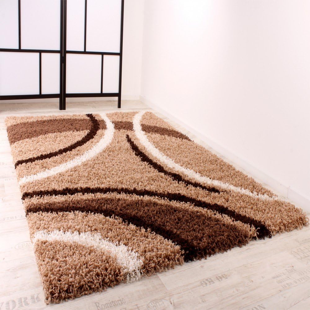 Shaggy Rug High Pile Deep Pile Rug Patterned In Brown Beige Cream, Size ...