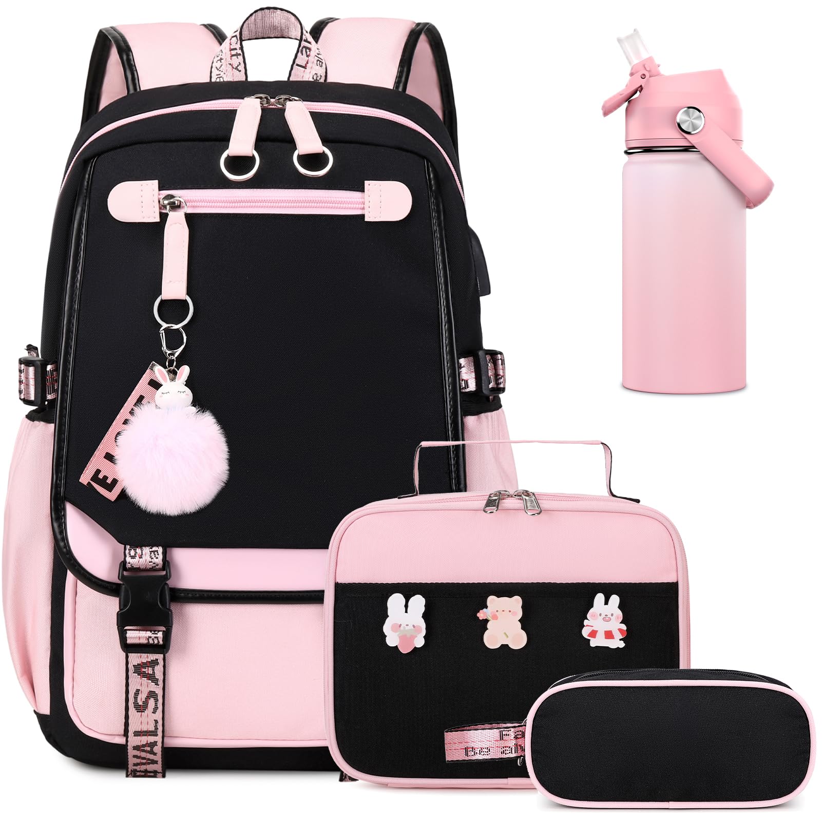 Bevalsa Kids Backpack for Girls with Insulated Water Bottle, Pink Cute ...