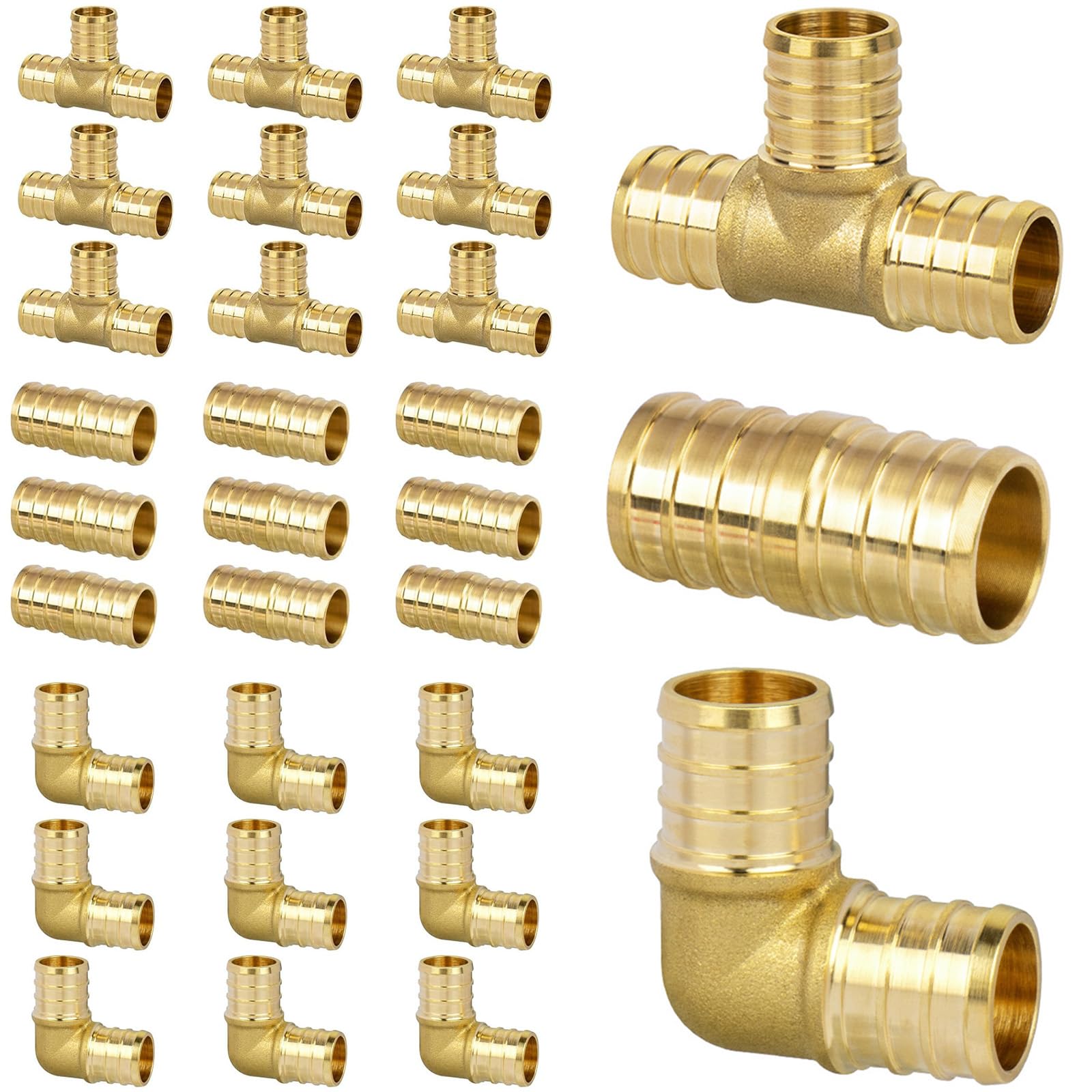 JUWO 30 Pack 1/2" PEX Fitting Combo, Brass Crimp Plumbing Fitting for PEX Pipes, Includes 10 Pcs ...