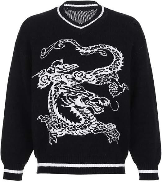 Ladies Fashion Chinese Style Dragon Print Sweater Black and White ...
