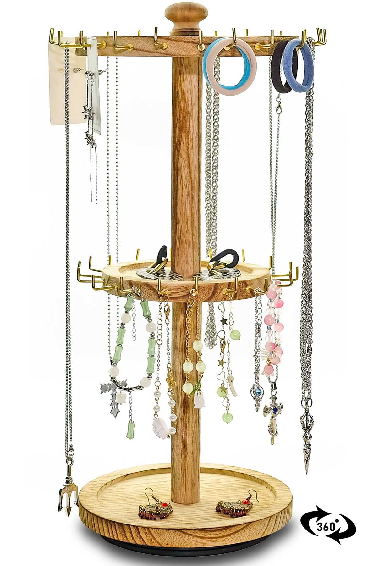 Wooden Rotating Jewelry Display Stand Tower with 40 hooks for Shows ...