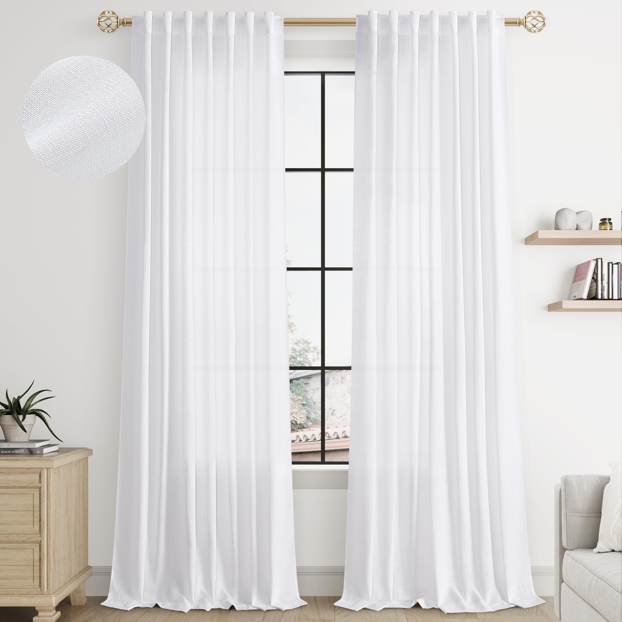 BOODII Semi Sheer Textured Linen Curtains 102 Inches Length Long, 2 ...