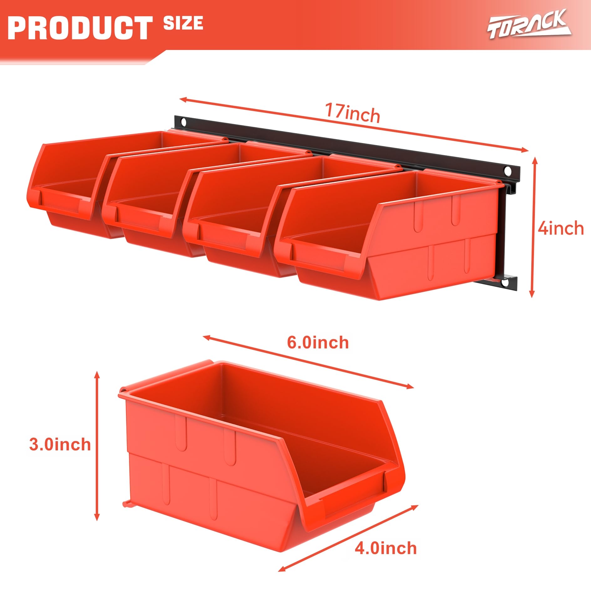 TORACK Wall-Mounted Storage Bins - 8 Plastic Bins & 2 Metal Tracks For ...