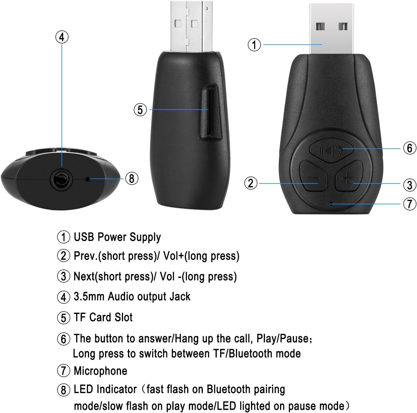 Bluetooth 4.2 Receiver 3.5mm Auxiliary Input Adapters Portable Hands ...