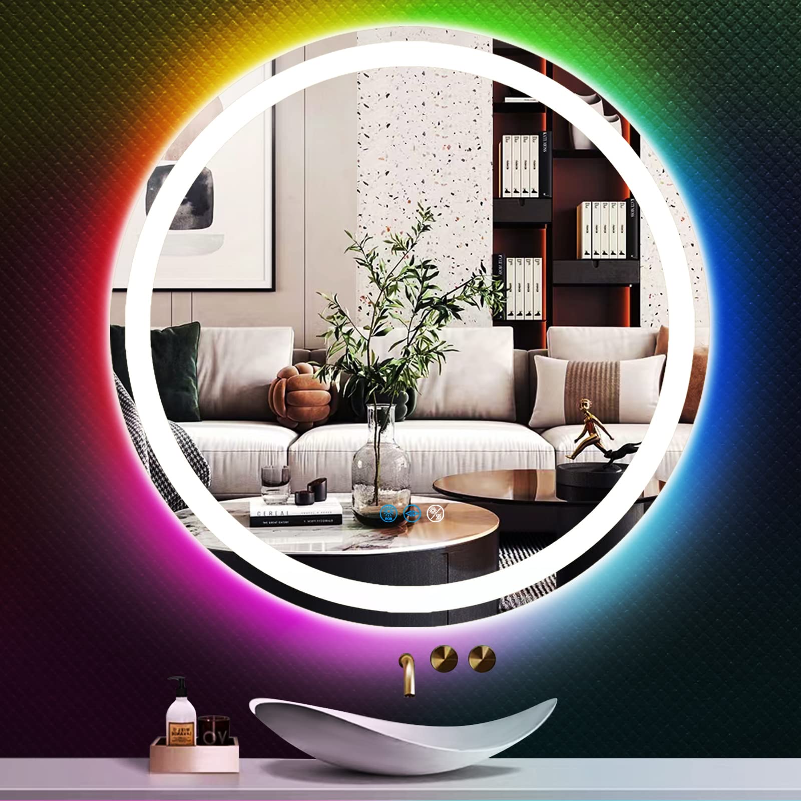 THEKLA 24 Inch Round Led Bathroom Mirror with Lights 3Color Front Light ...