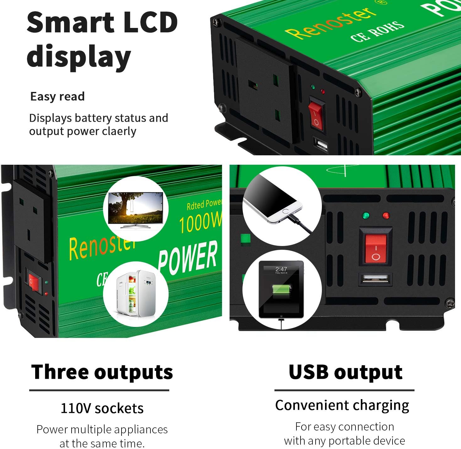 Renoster 3000W Pure Sine Wave Inverter Power Converter DC 12V to AC ...