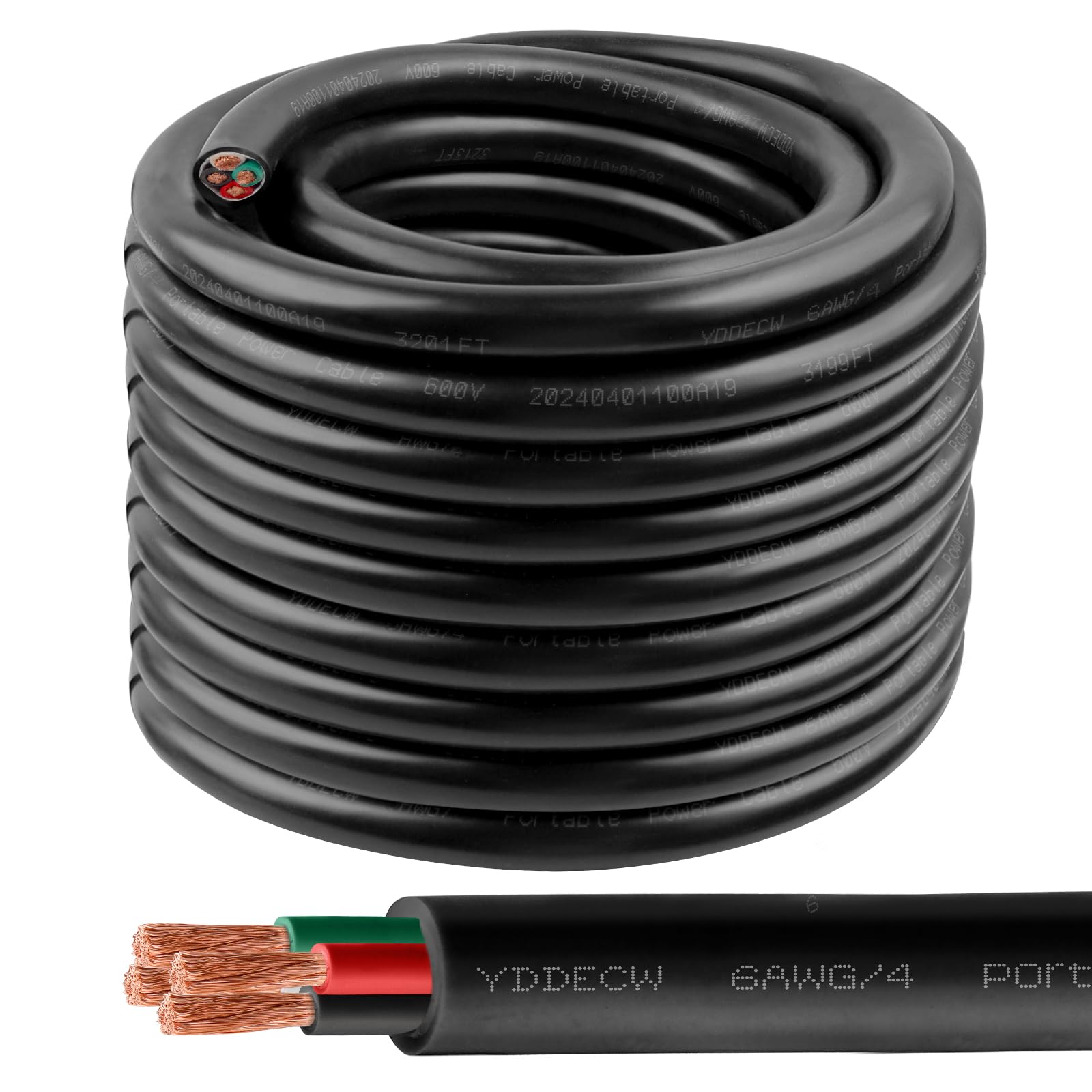 YDDECW 75ft 6/4 6 AWG Portable Power Cable (4 Conductor) - SOOW 600V 6 ...