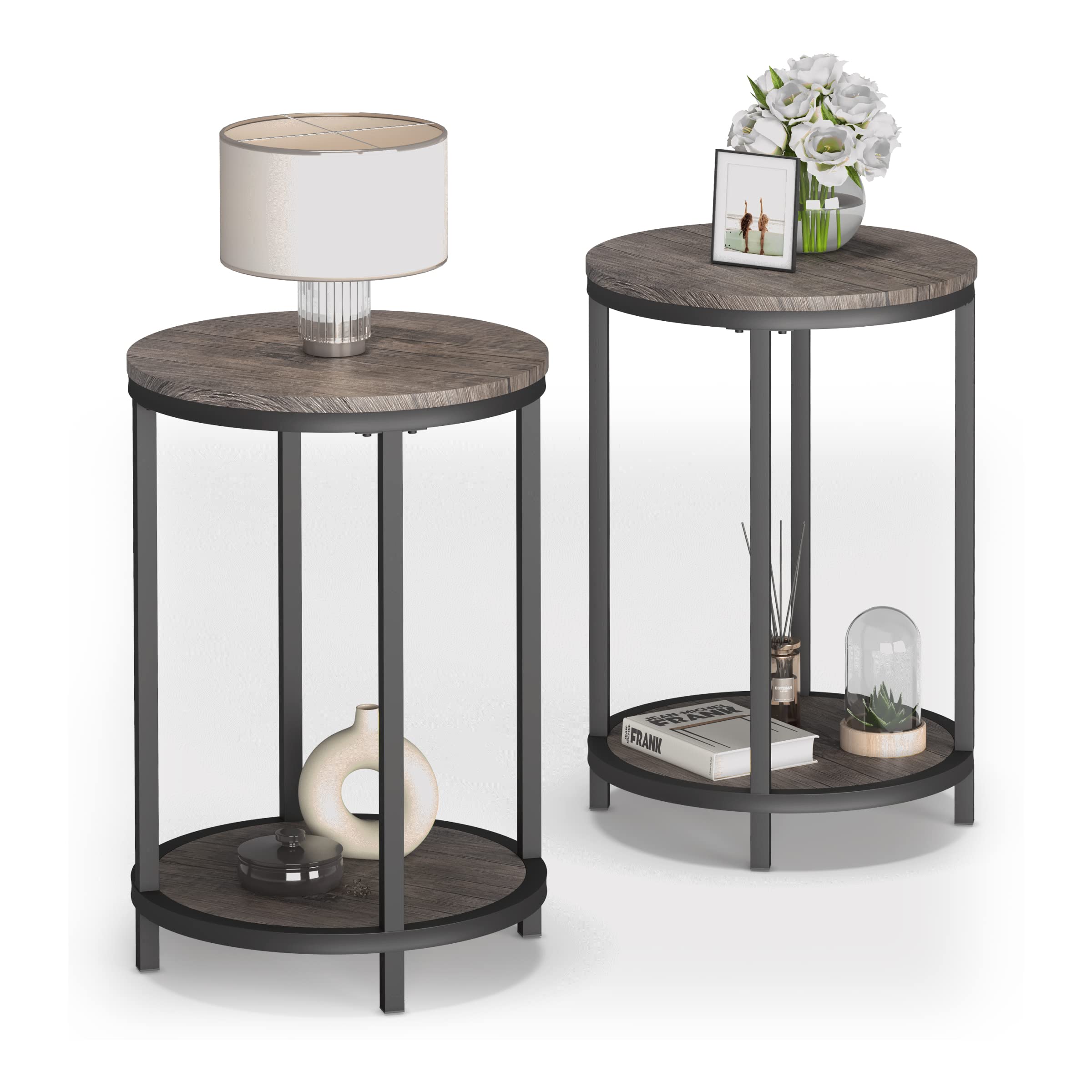 NSdirect Round Side Table Set of 2,16in Rustic Wooden End Table Surface ...