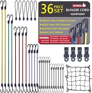 36 Pack Bungee Cords with Hooks in Assorted Sizes Rubber Bungee Straps ...