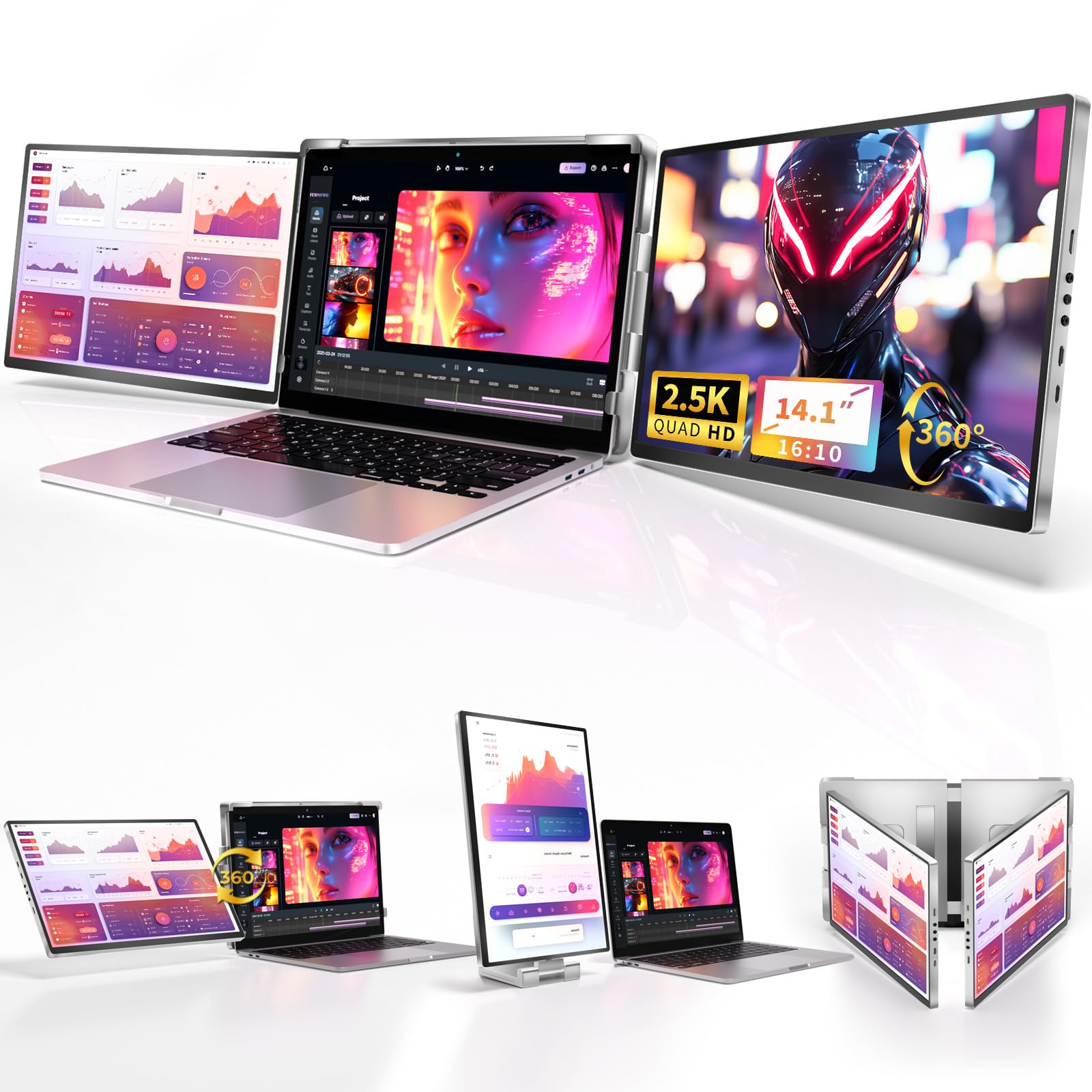 Fzaqwen Triple Screen Laptop Monitor Extender - 2.5K QHD IPS Triple ...