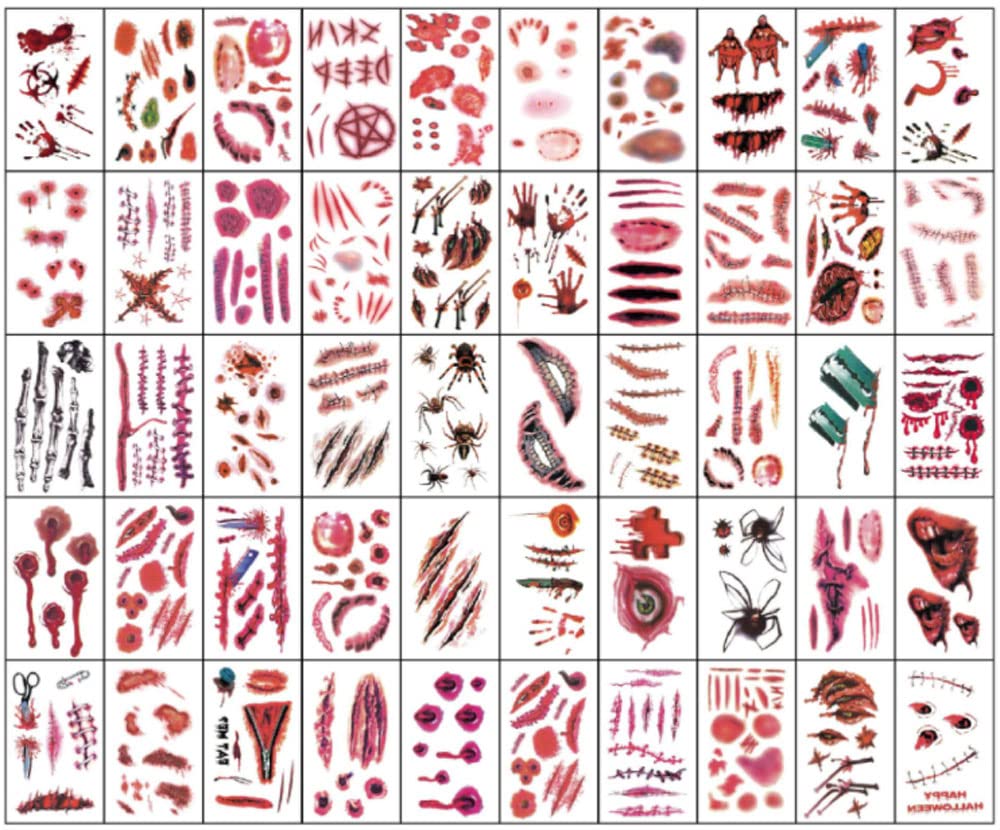 50 Sheets 3D Halloween Realistic Scar Tattoo Sticker, Zombie Scar ...
