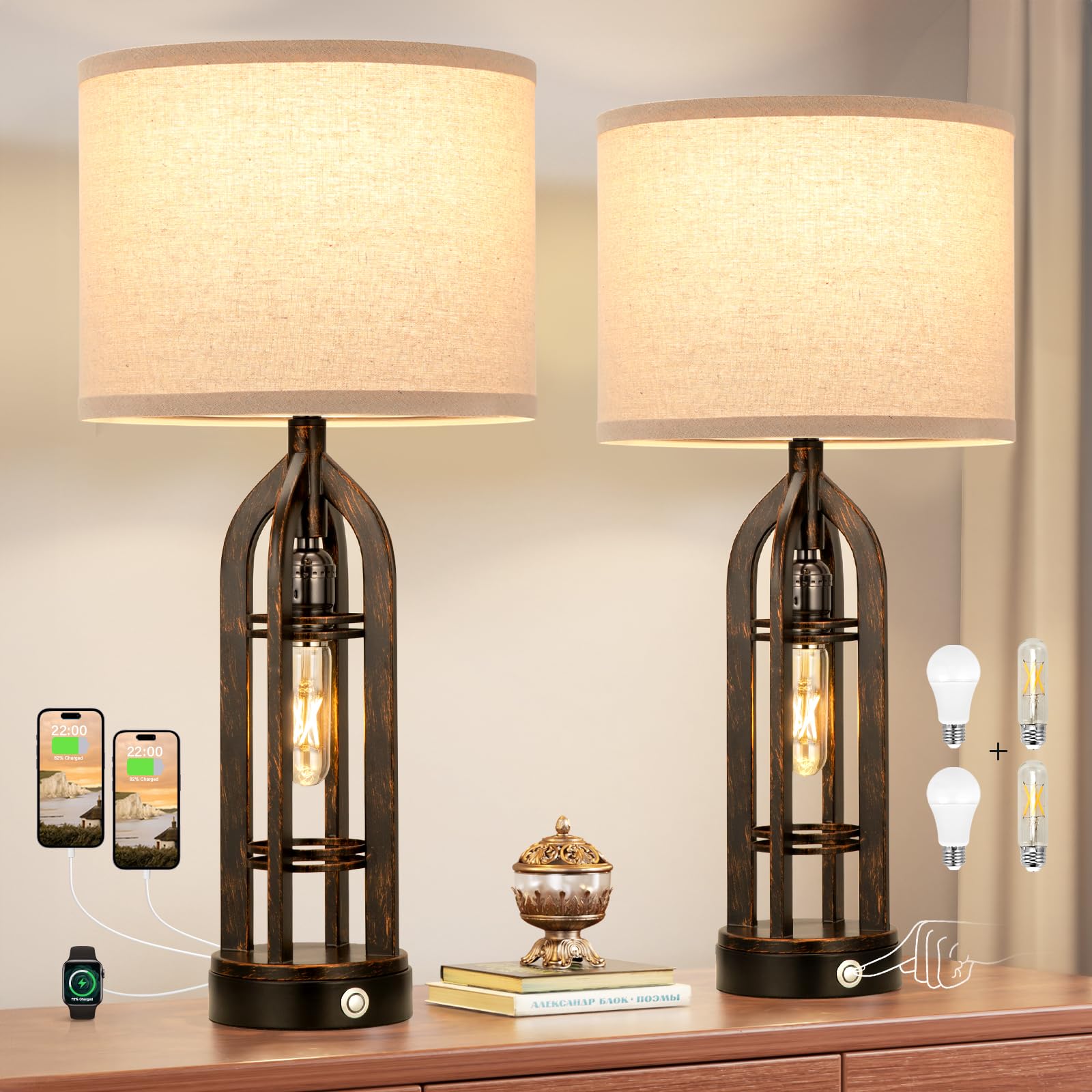 Table Lamps for Living Room - Farmhouse Lamps Set of 2 with USB C+A ...
