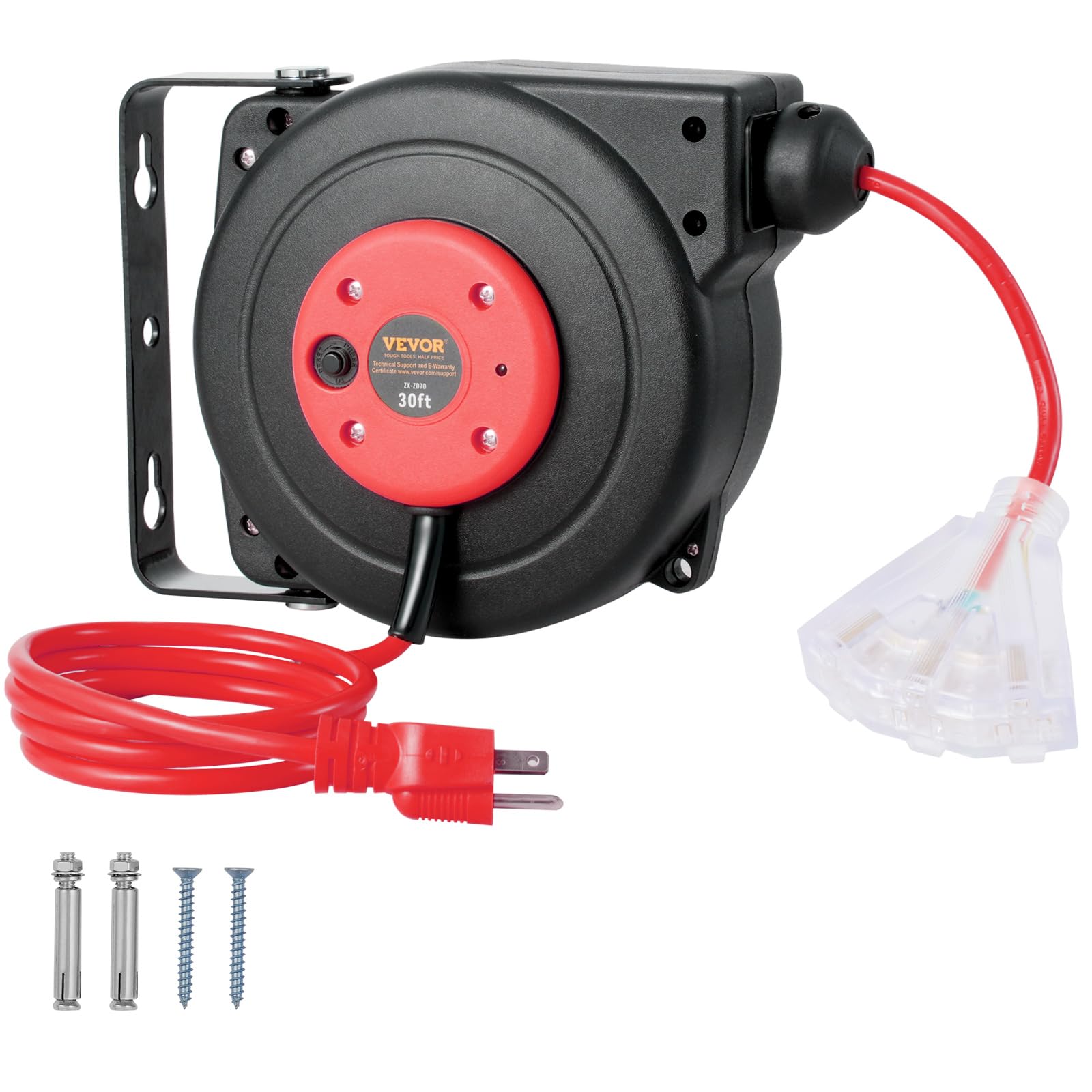 VEVOR Retractable Extension Cord Reel, 30 FT, Heavy Duty 16AWG/3C SJTOW ...