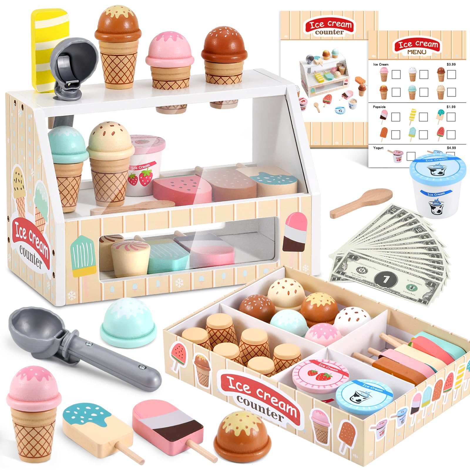 Wooden Ice Cream Toys Kids Play Store Pretend Toy for Toddlers, Play ...
