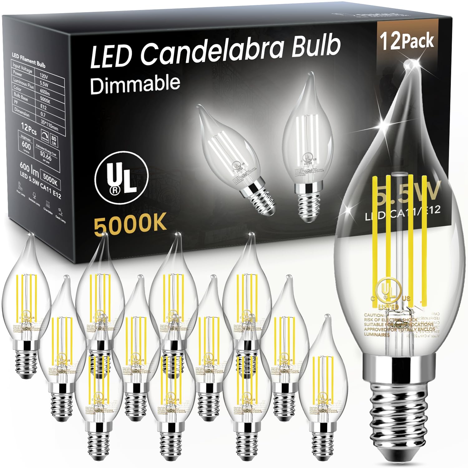 TJOY LED Candelabra Bulb Dimmable, 60W Equivalent LED Chandelier Light ...