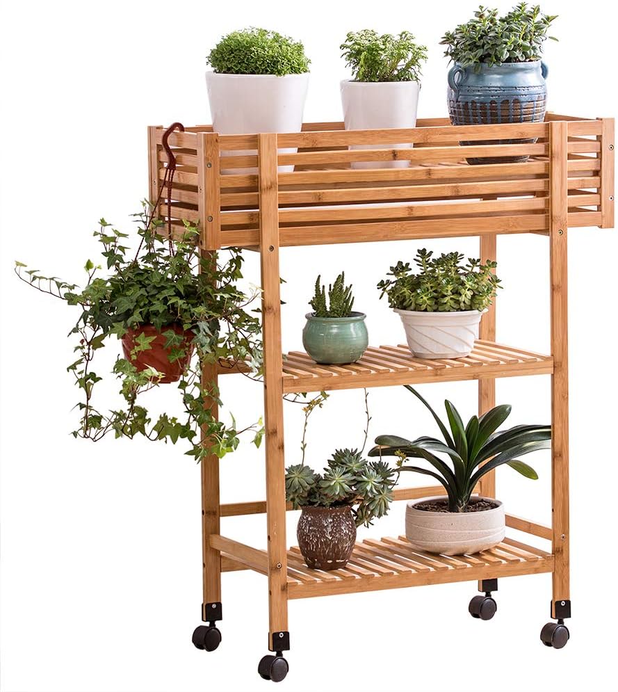 Amazon Bamboo Rolling Plant Stand Planter Shelves Flower Pot