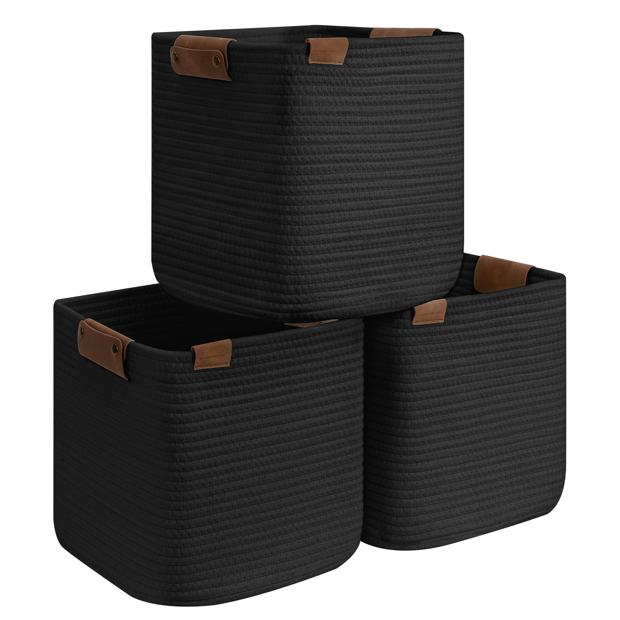 StorageWorks Black Woven Baskets, Cotton Rope Basket with Leather ...