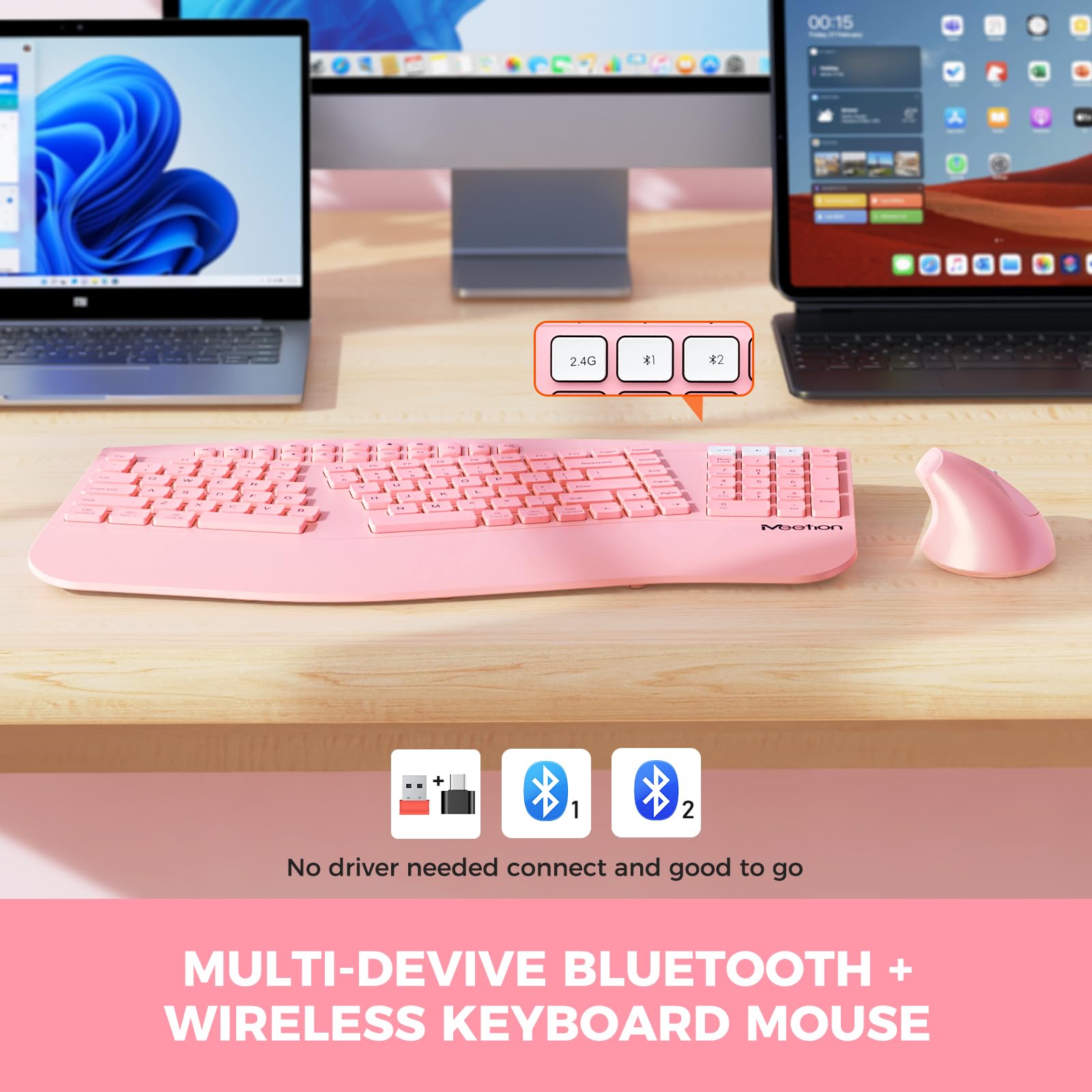Mua MEETION 2024 Upgrade Pink Ergonomic Keyboard and Mouse, Multi ...