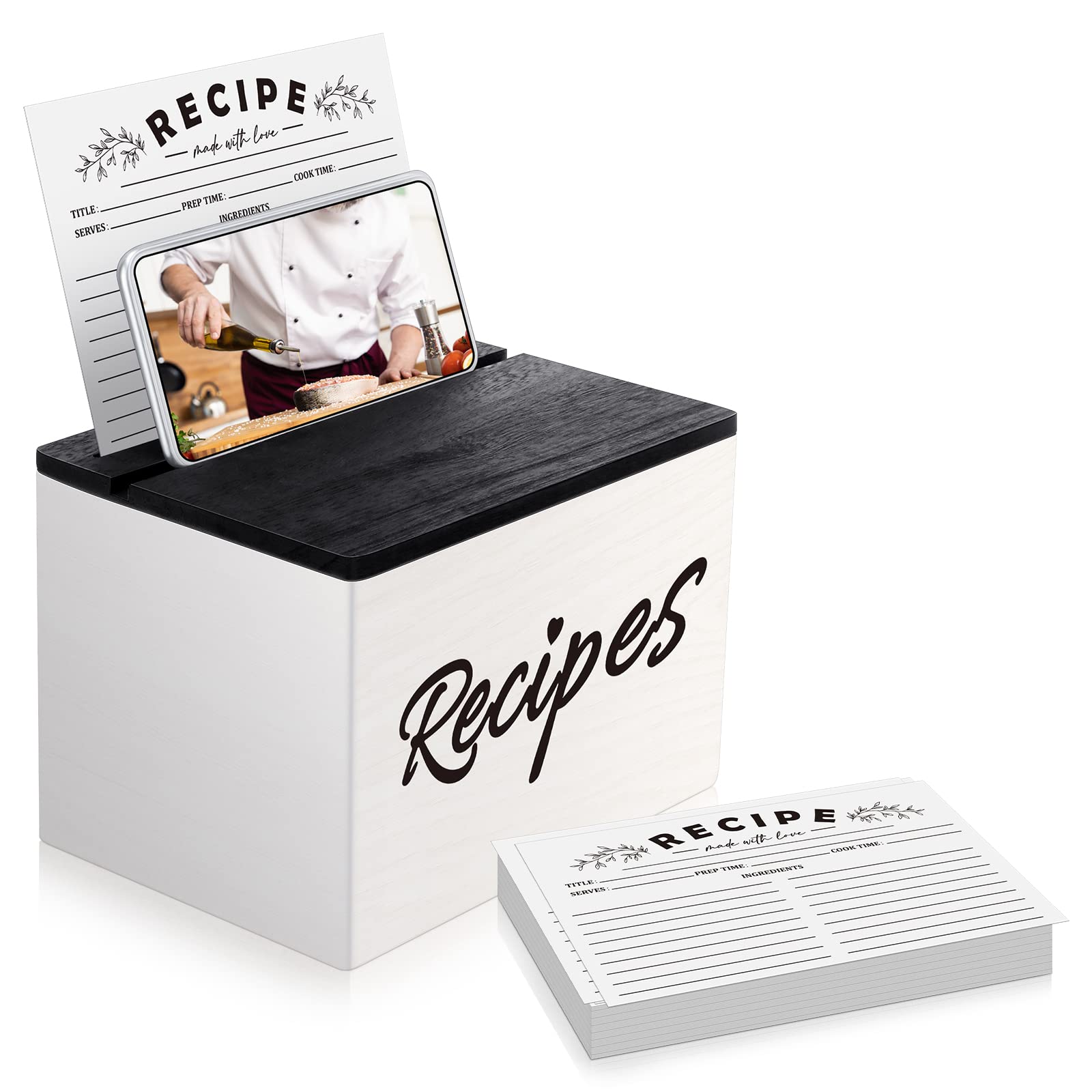 Hoteam Wooden Recipe Box with Cards and Rustic Wood Recipe Card Holder ...