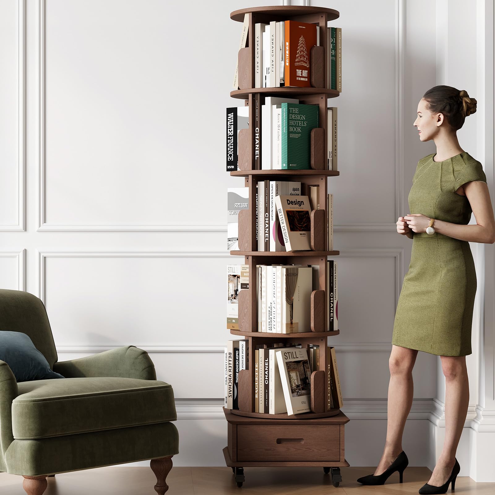 JIAWORLDER Solid Wood Rotating Bookshelf Tower, 5 Tier Spinning ...